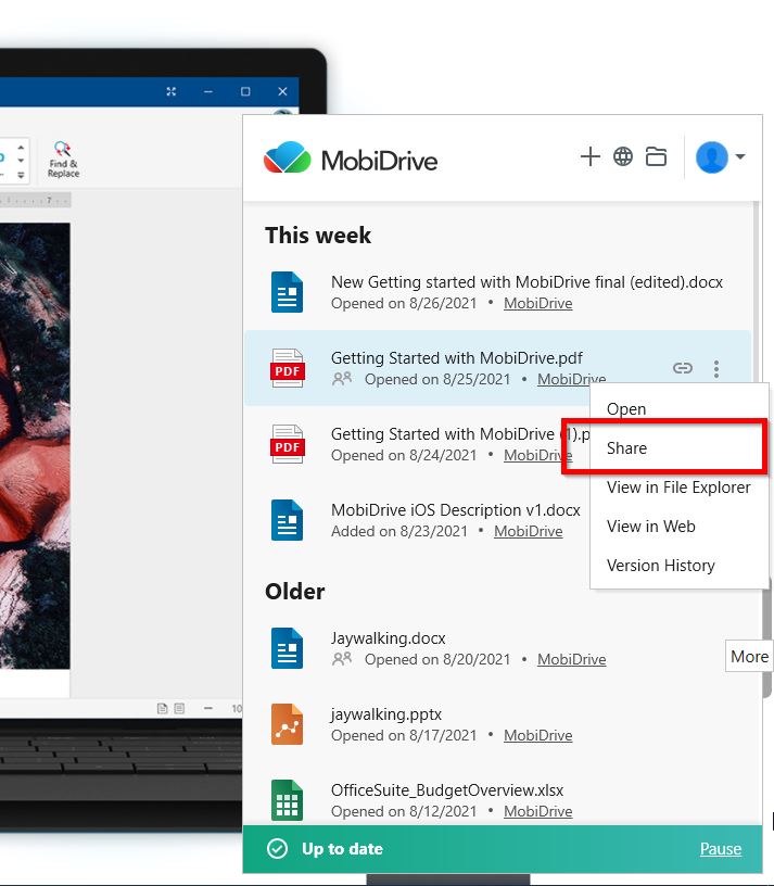 Sharing files in MobiDrive Windows – MobiSystems
